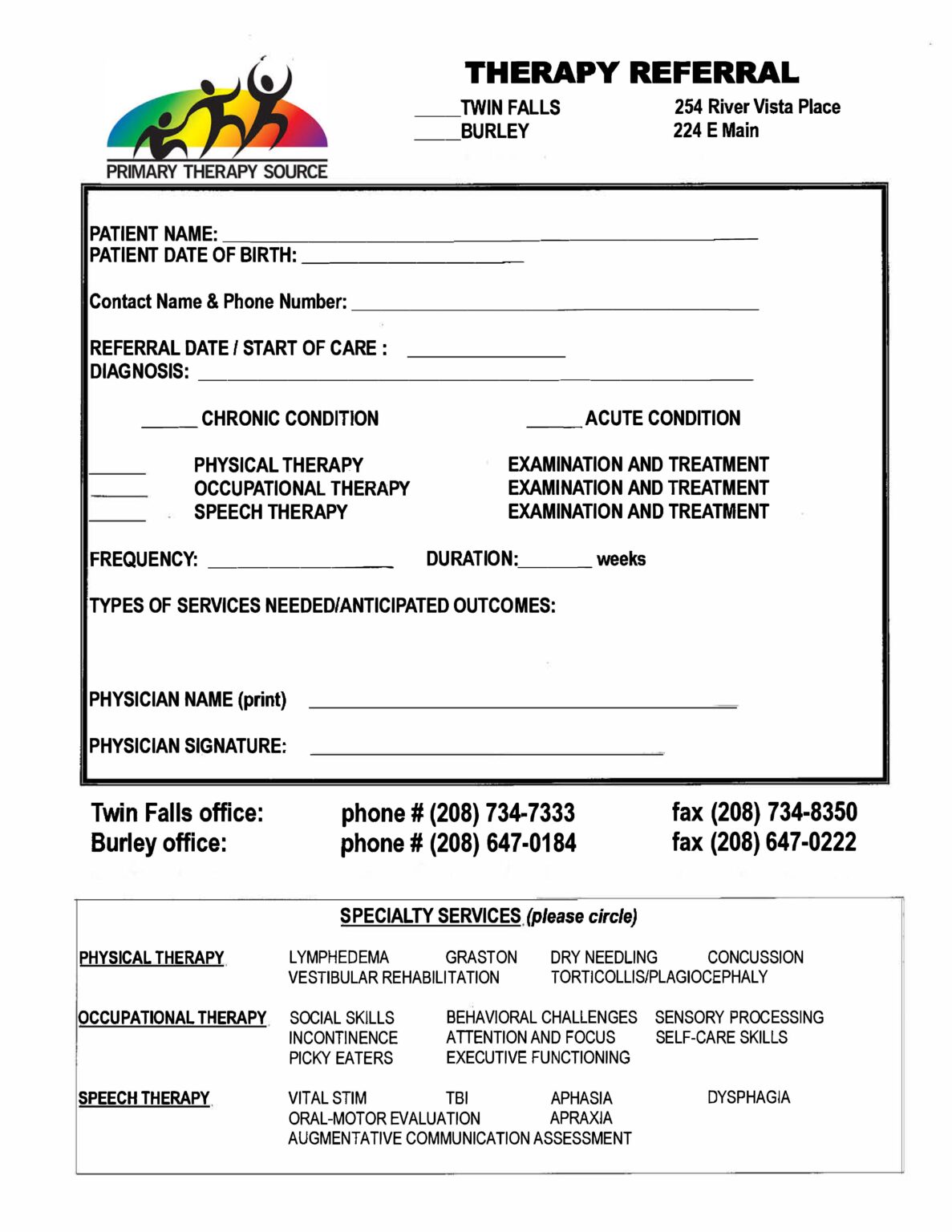 Physician's Referral - Primary Therapy Source • Physical Therapy ...